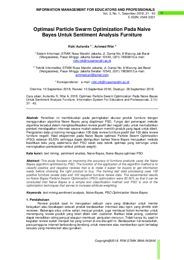 Pdf Optimasi Particle Swarm Optimization Pada Naive Bayes Untuk Sentiment Analysis Furniture 0806