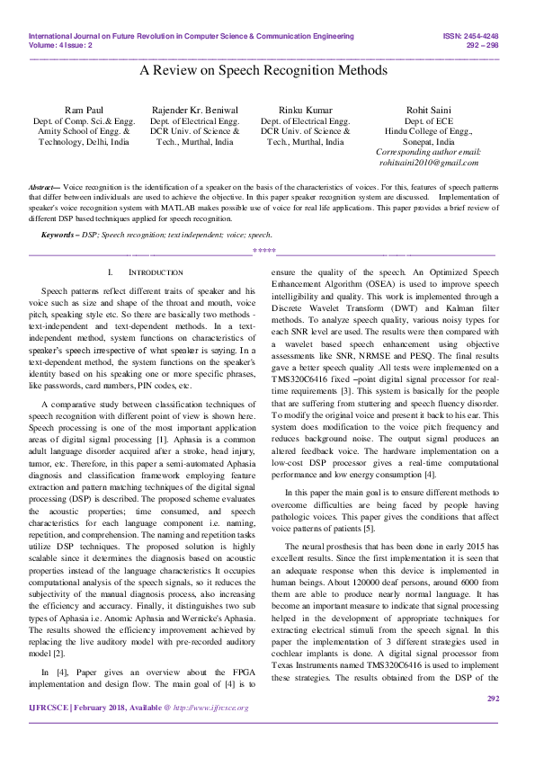 (PDF) A Review on Speech Recognition Methods