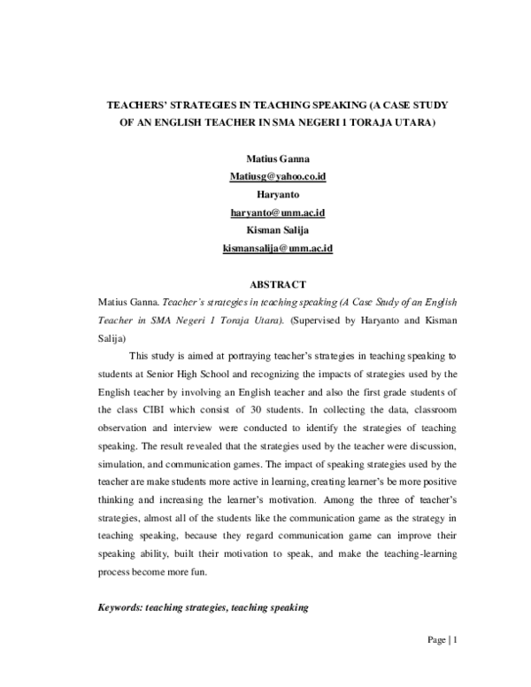 (PDF) Teachers’ Strategies in Teaching Speaking (A Case Study of an English Teacher in Sma ...