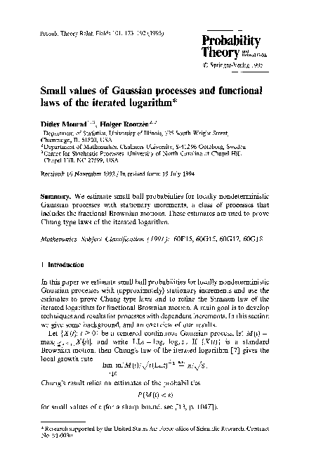 (PDF) Small values of Gaussian processes and functional laws of the iterated logarithm