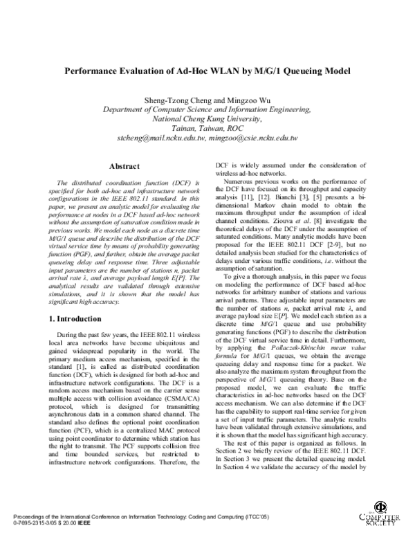(PDF) Performance evaluation of ad-hoc WLAN by M/G/1 queueing model