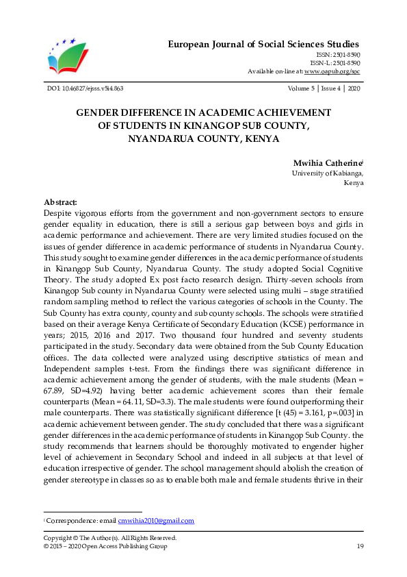 (PDF) Gender Difference in Academic Achievement of Students in Kinangop ...