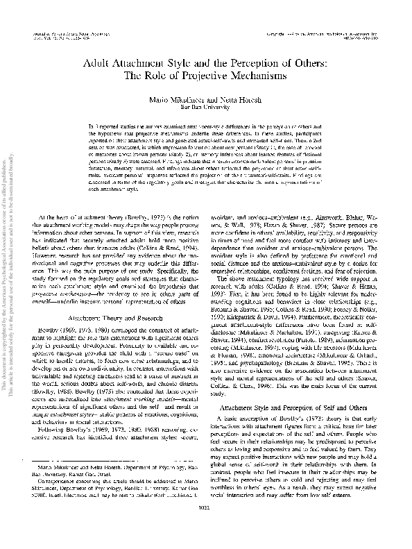 (PDF) Adult attachment style and the perception of others: The role of ...