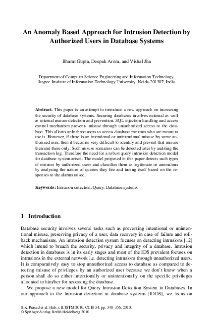 Pdf An Anomaly Based Approach For Intrusion Detection By Authorized Users In Database Systems