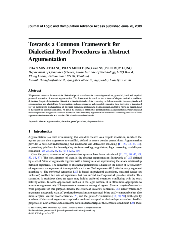 Pdf Towards A Common Framework For Dialectical Proof Procedures In Abstract Argumentation