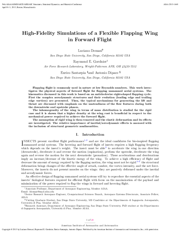 (PDF) High-fidelity simulations of a flexible flapping wing in forward flight | Antonio Dipace ...