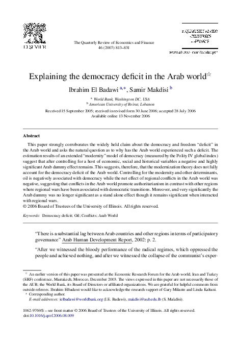 (PDF) Explaining the democracy deficit in the Arab world
