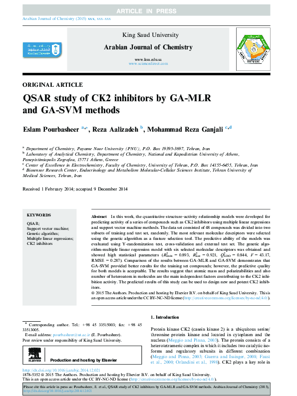 (PDF) QSAR study of CK2 inhibitors by GA-MLR and GA-SVM methods | E ...