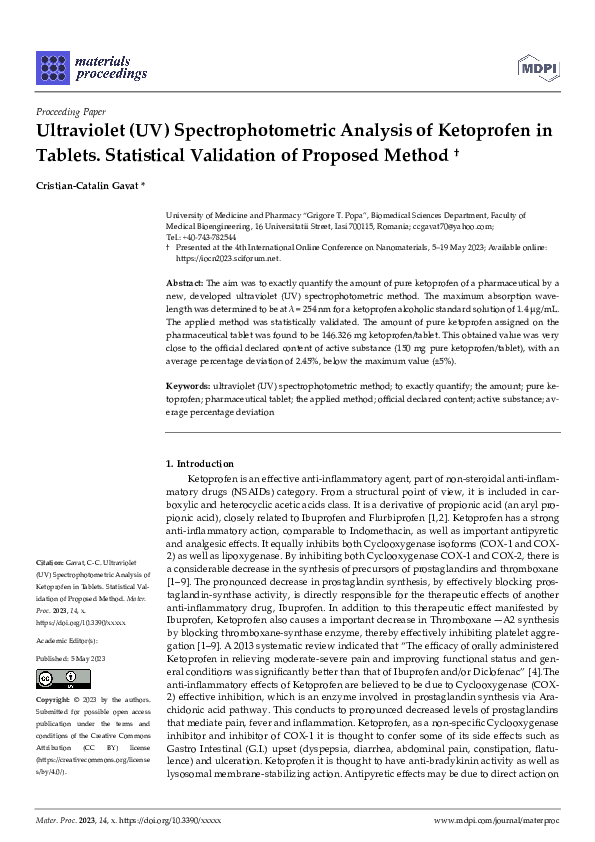Pdf Ultraviolet Uv Spectrophotometric Analysis Of Ketoprofen In Tablets Statistical