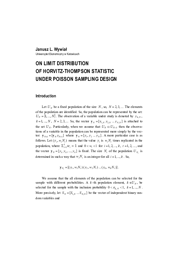 (PDF) On Limit Distribution of Horvitz-Thompson Statistic under Poisson Sampling Design