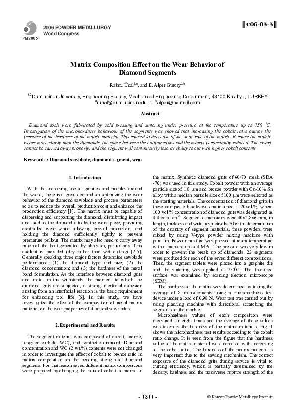 (PDF) Matrix Composition Effect on the Wear Behaviour of Diamond Segments