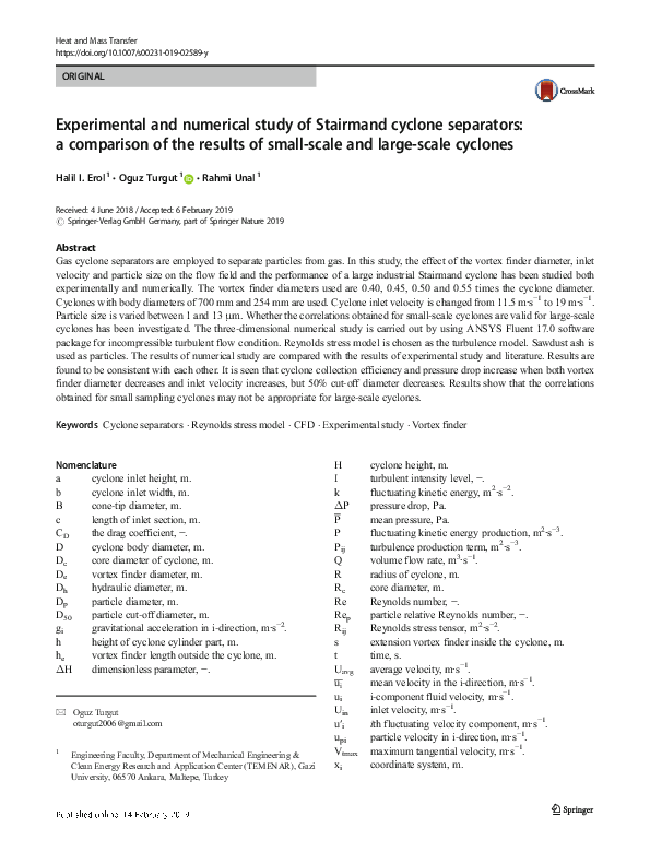 (PDF) Experimental and numerical study of Stairmand cyclone separators ...