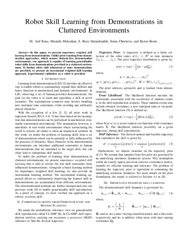(PDF) Robot Skill Learning from Demonstrations in Cluttered Environments | Asif Rana - Academia.edu