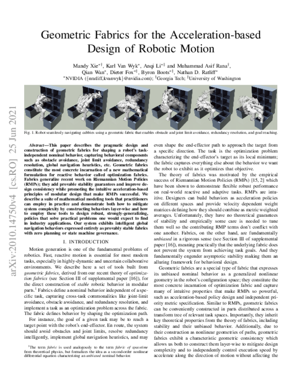 (PDF) Geometric Fabrics for the Acceleration-based Design of Robotic Motion