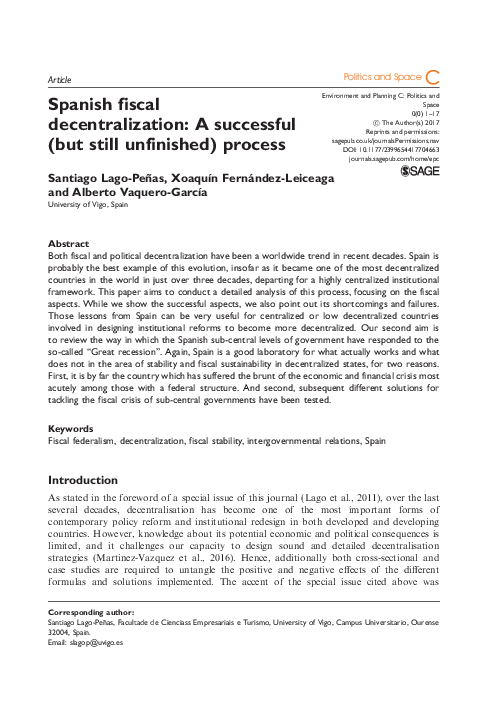 (PDF) Spanish fiscal decentralization: A successful (but still ...