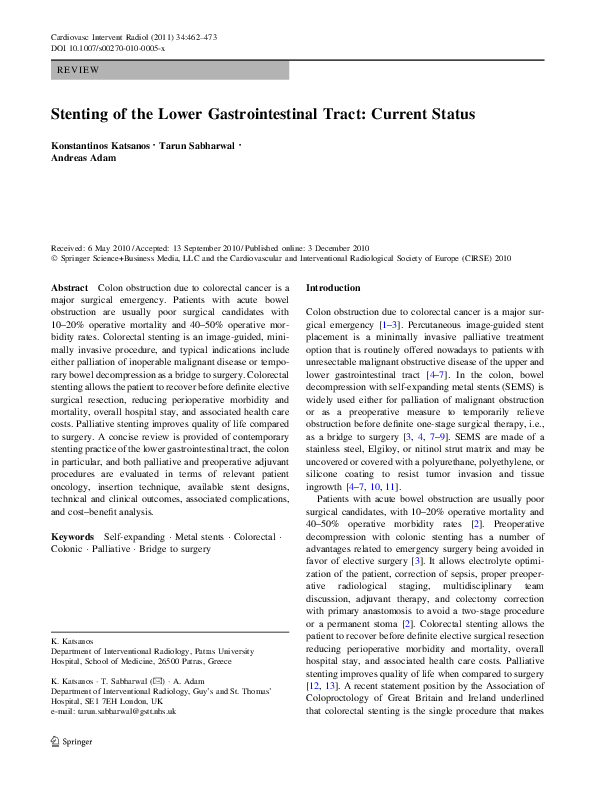 (PDF) Stenting of the Lower Gastrointestinal Tract: Current Status