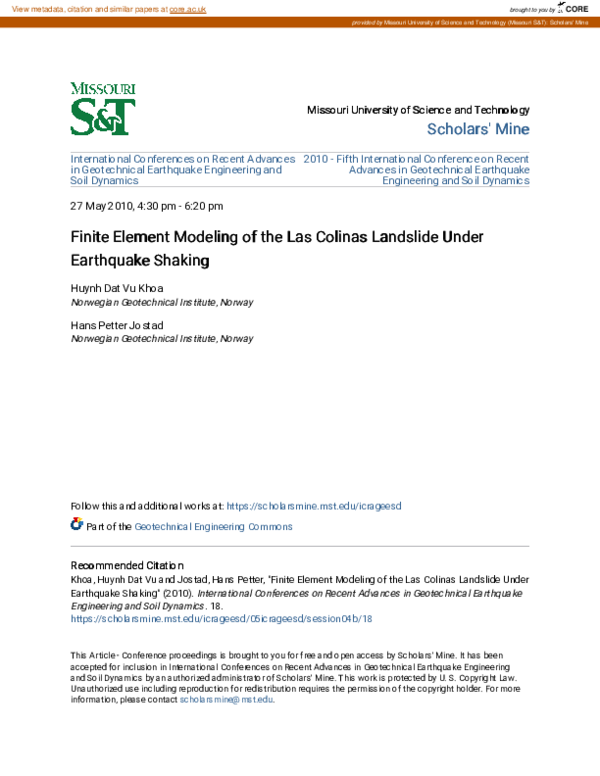 (PDF) Finite Element Modeling of the Las Colinas Landslide Under Earthquake Shaking