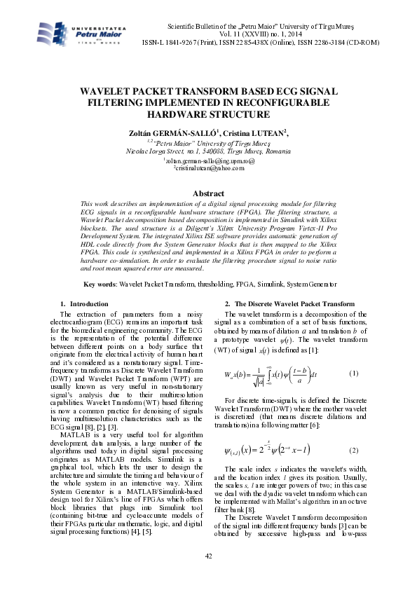 (PDF) Wavelet Packet Transform Based Ecg Signal Filtering Implemented in Reconfigurable Hardware ...