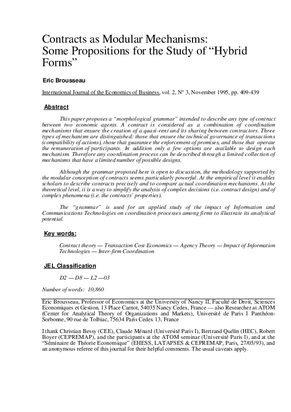 (PDF) Contracts as Modular Mechanisms: Some Propositions for the Study ...