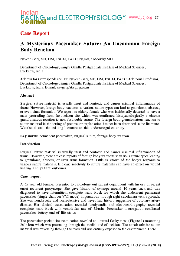 (PDF) A mysterious pacemaker suture: an uncommon foreign body reaction