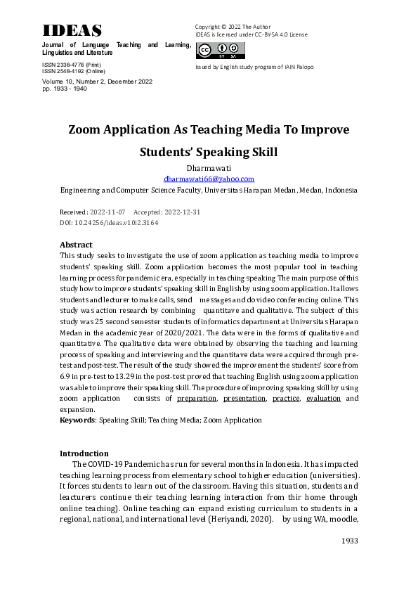 (PDF) The Use of Zoom Application As Teaching Media To Improve Students ...