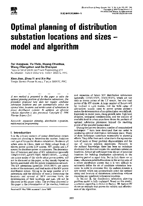 Pdf Optimal Planning Of Distribution Substation Locations And Sizes — Model And Algorithm