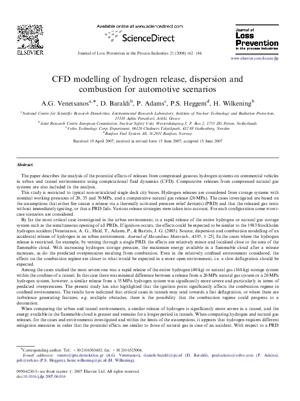 (PDF) CFD modelling of hydrogen release, dispersion and combustion for automotive scenarios