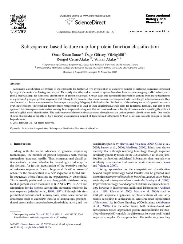 (PDF) Subsequence-based feature map for protein function classification