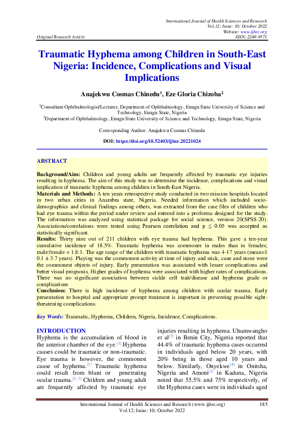 (PDF) Traumatic Hyphema among Children in South-East Nigeria: Incidence ...
