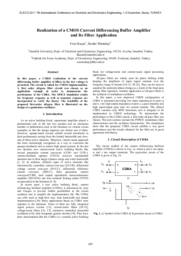 Pdf Realization Of A Cmos Current Differencing Buffer Amplifier And Its Filter Application