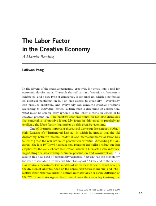 (PDF) The Labor Factor in the Creative Economy