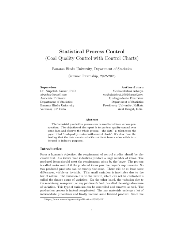 (PDF) Statistical Process Control (Coal Quality Control with Control Charts)