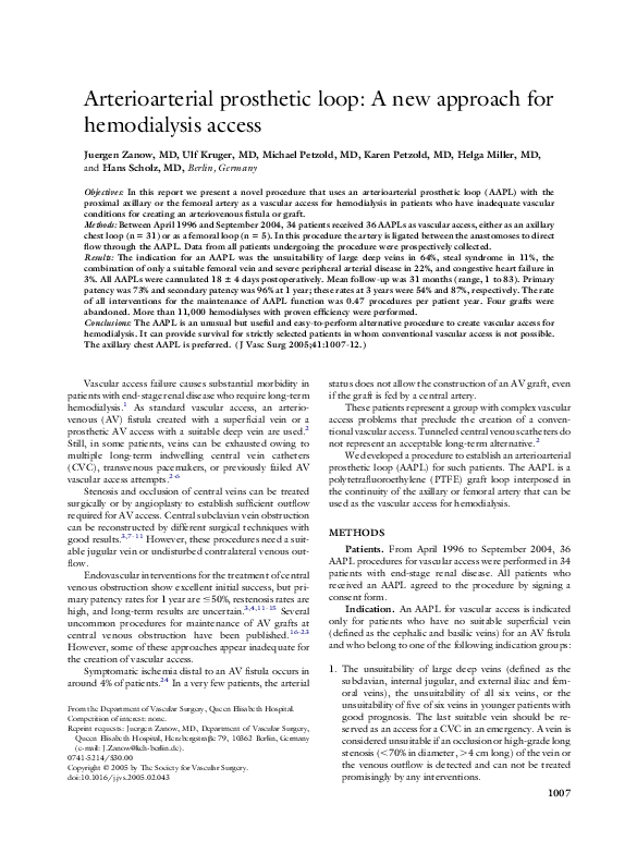 (PDF) Arterioarterial prosthetic loop: A new approach for hemodialysis ...