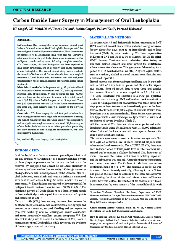 (PDF) Carbon Dioxide Laser Surgery in Management of Oral Leukoplakia