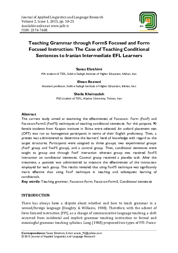 (PDF) Teaching Grammar through FormS Focused and Form Focused Instruction: The Case of Teaching ...