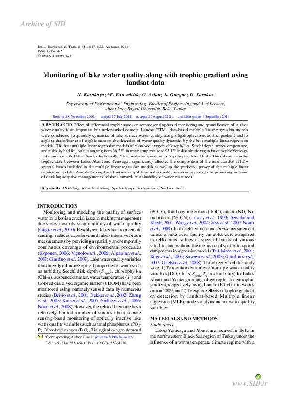 (PDF) Monitoring of lake water quality along with trophic gradient ...