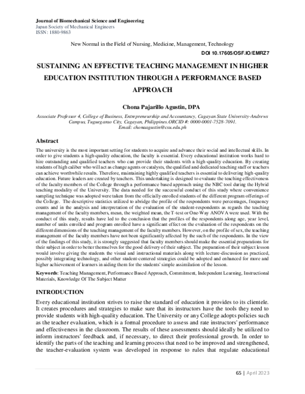 (PDF) SUSTAINING AN EFFECTIVE TEACHING MANAGEMENT IN HIGHER EDUCATION INSTITUTION THROUGH A ...