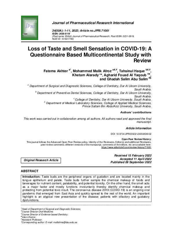 (PDF) Loss of Taste and Smell Sensation in COVID-19: A Questionnaire ...
