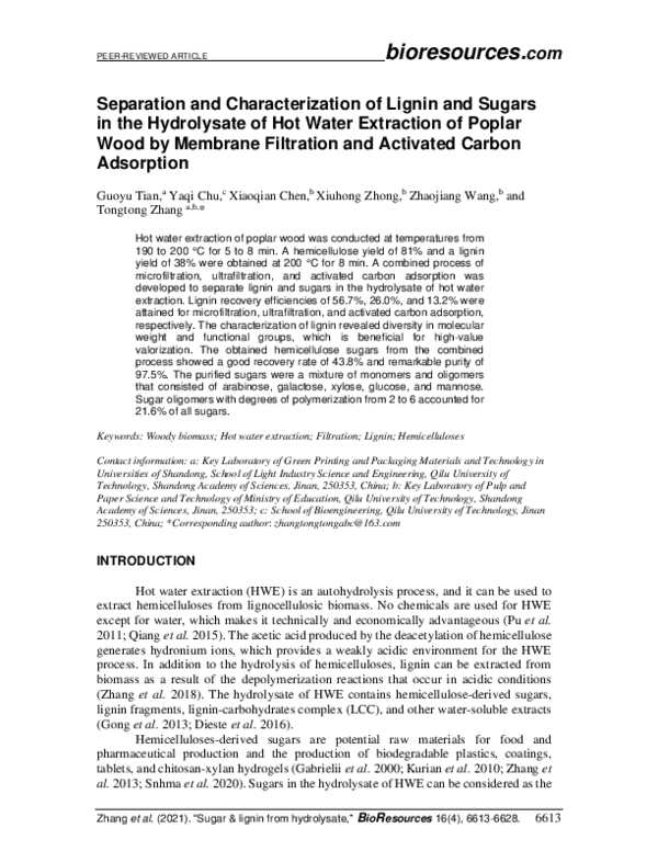 (PDF) Separation and characterization of lignin and sugars in the hydrolysate of hot water ...