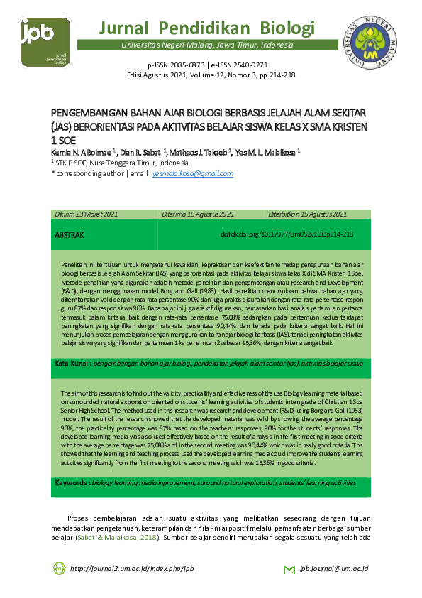(PDF) Pengembangan Bahan Ajar Biologi Berbasis Jelajah Alam Sekitar (Jas) Berorientasi Pada ...