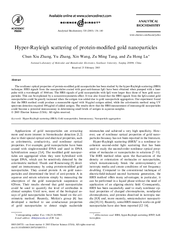 (PDF) Hyper-Rayleigh scattering of protein-modified gold nanoparticles