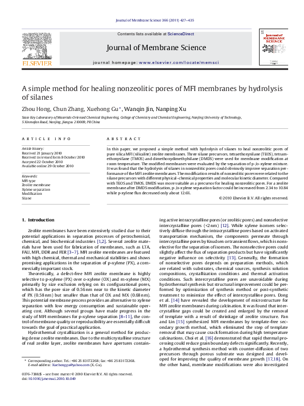 (PDF) A simple method for healing nonzeolitic pores of MFI membranes by ...