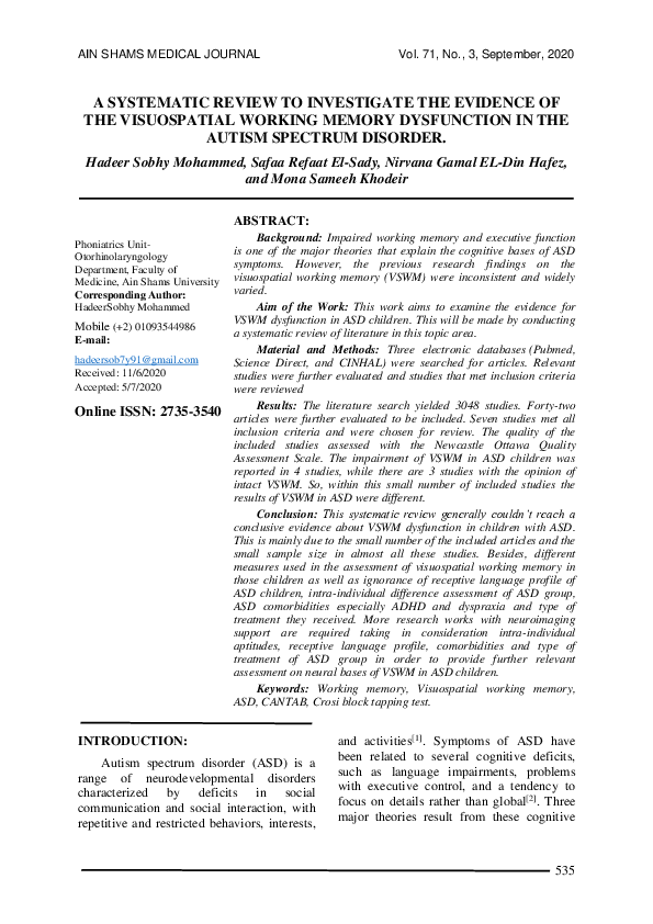 Pdf A Systematic Review To Investigate The Evidence Of The Visuospatial Working Memory