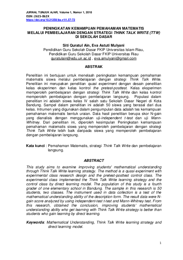 Pdf Peningkatan Kemampuan Pemahaman Matematis Melalui Pembelajaran Dengan Strategi Think Talk