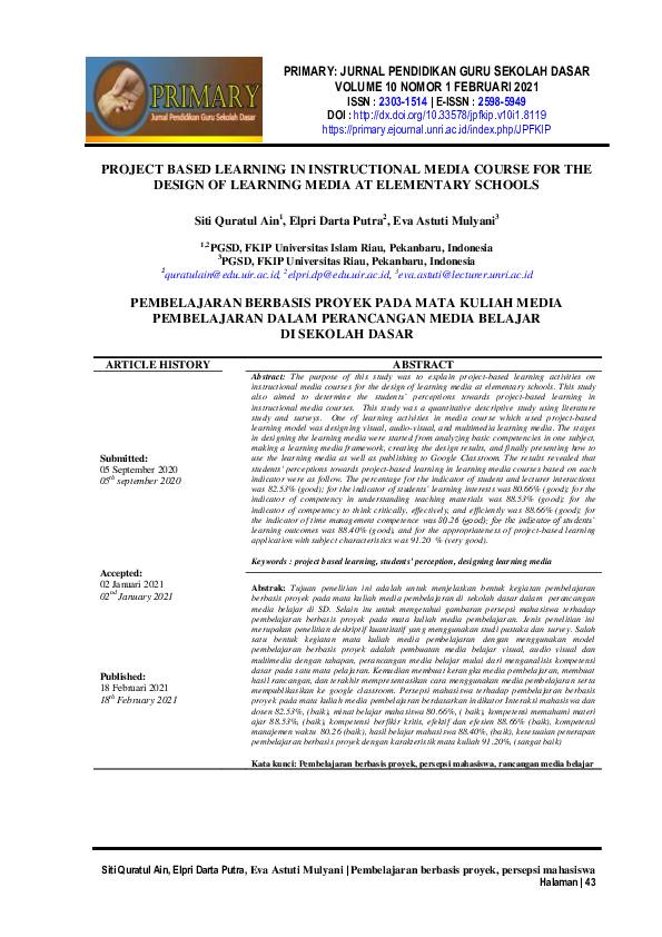 (PDF) Project Based Learning in Instructional Media Course for the Design of Learning Media at ...