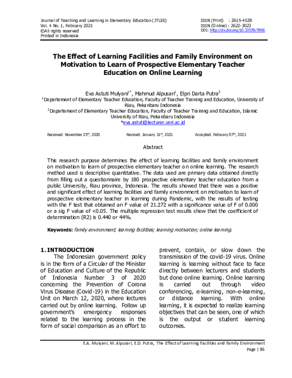 (PDF) The Effect of Learning Facilities and Family Environment on Motivation to Learn of ...