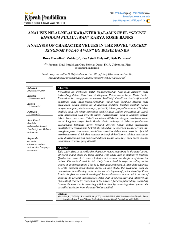 (PDF) Analisis Nilai-Nilai Karakter Dalam Novel “Secret Kingdom Pulau Awan ” Karya Rosie Banks ...