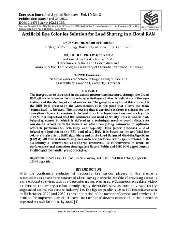 (PDF) Artificial Bee Colonies Solution for Load Sharing in a Cloud RAN