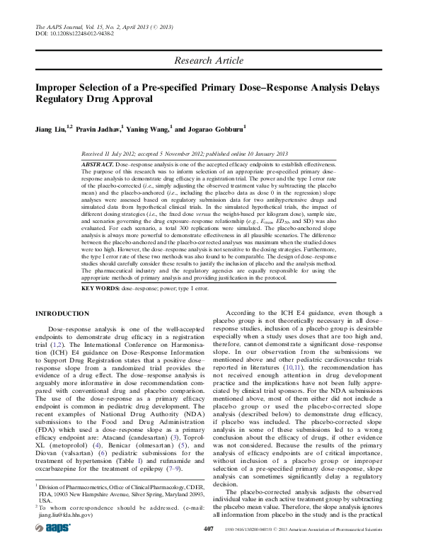 (PDF) Improper Selection of a Pre-specified Primary Dose–Response ...