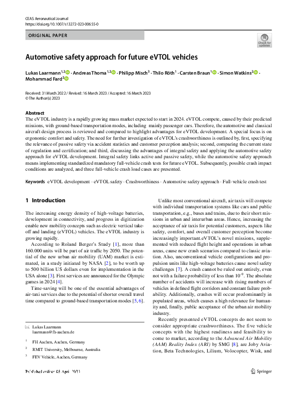 (PDF) Automotive safety approach for future eVTOL vehicles